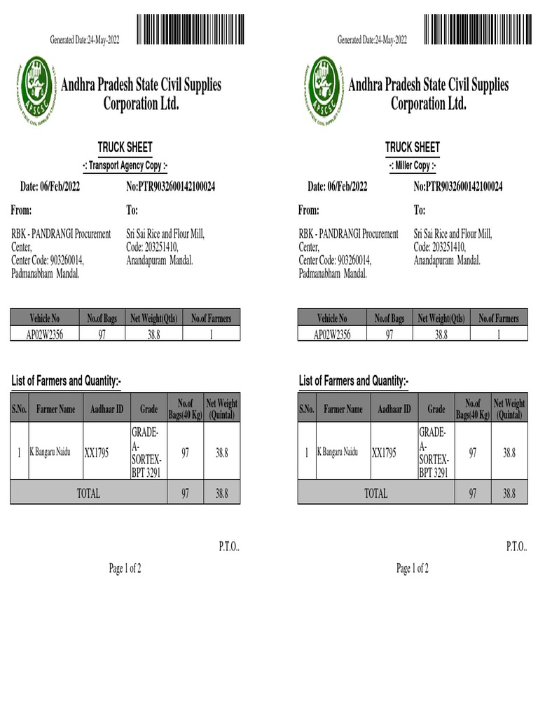 Truck Sheet PDF Servlet | PDF | Rice | Agriculture