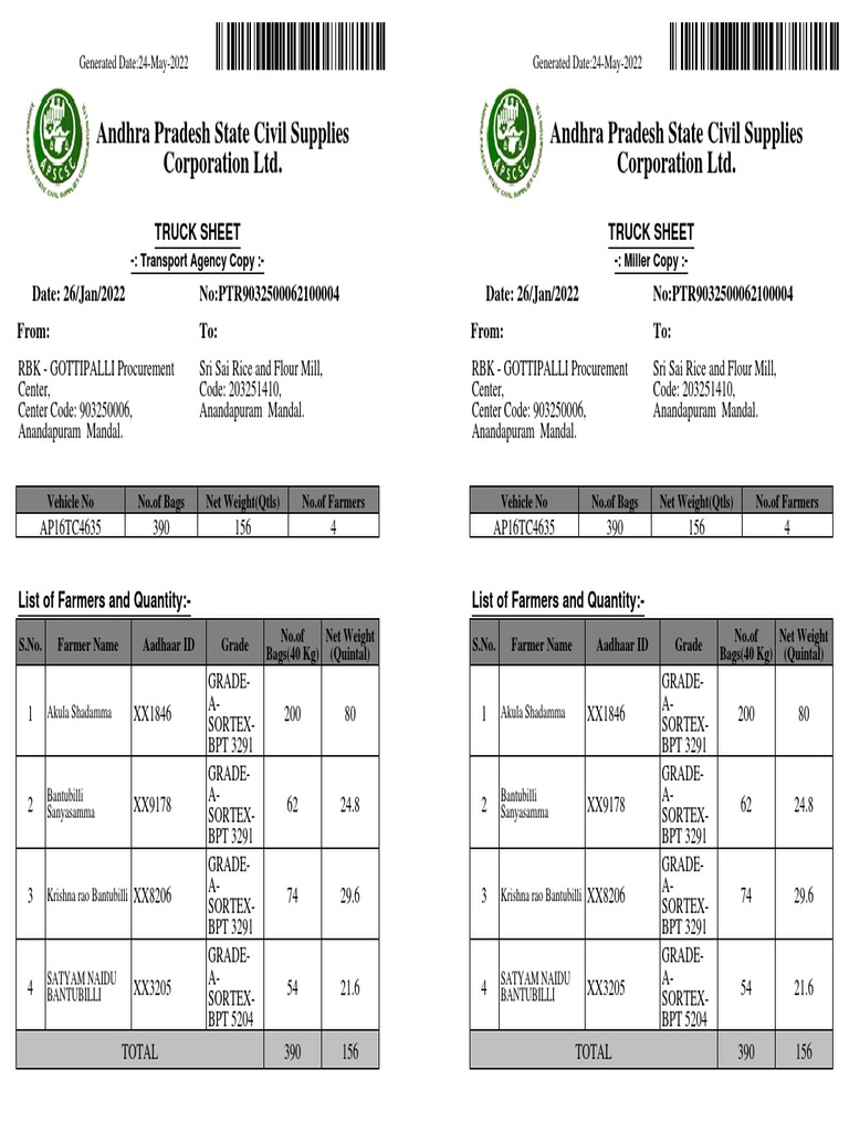 Truck Sheet PDF Servlet | PDF