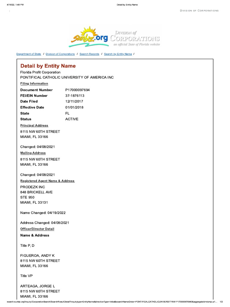 Sunbiz 2022 - Pontifical Catholic University of America Inc | PDF