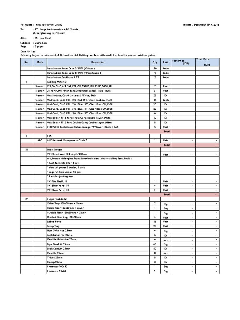 Templete Quotation Cabling | PDF | Computer Network | Computer Networking