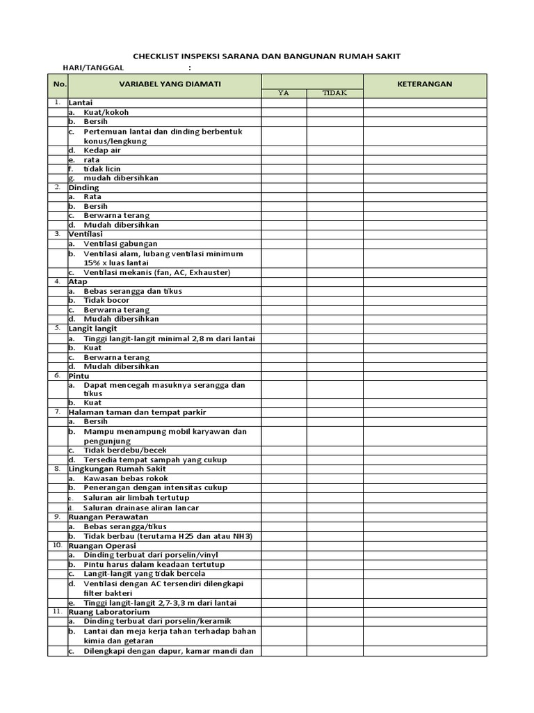 Checklist Inspeksi Sarana Dan Bangunan Rumah Sakit | PDF