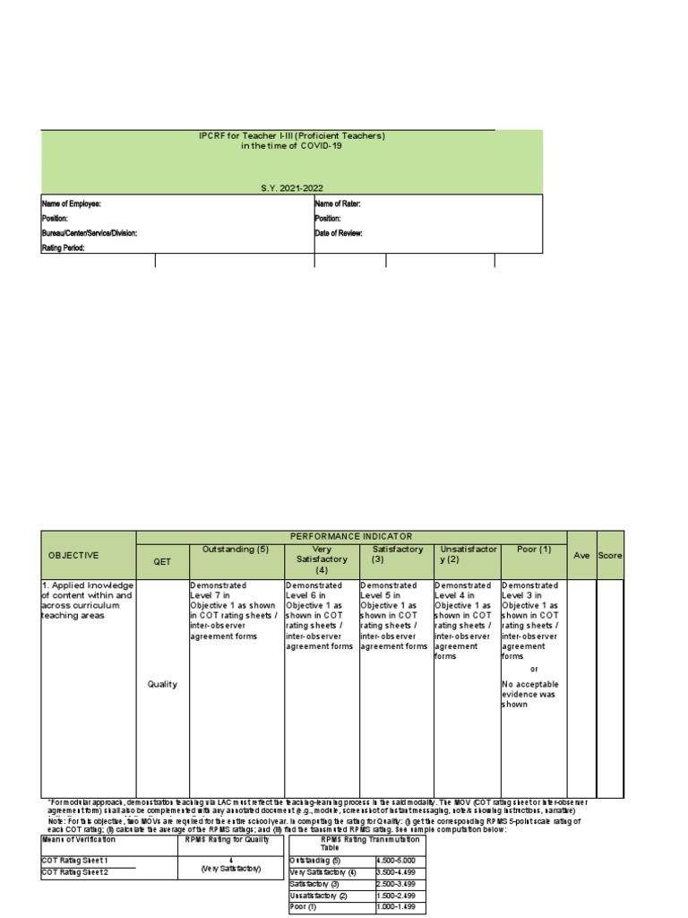 IPCRF Evaluation for Teachers 2021-2022 | PDF | Learning | Intellectual ...