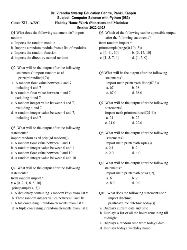 Holiday Homework (Class 12) | PDF | Parameter (Computer Programming) | Function (Mathematics)