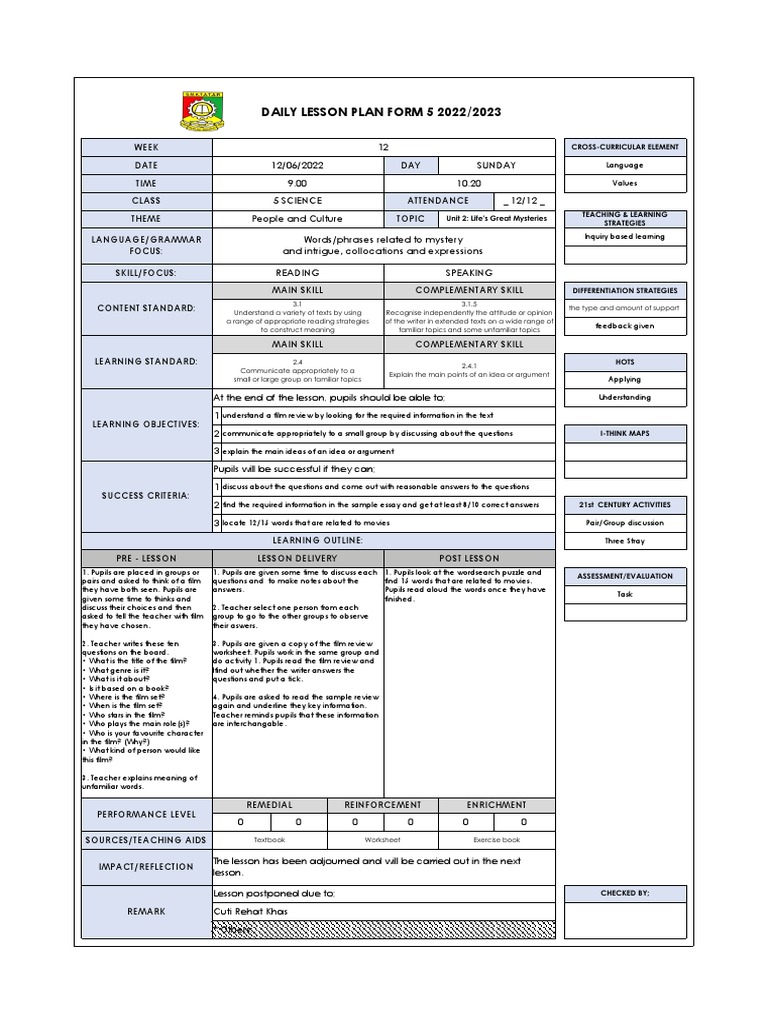Daily Lesson Plan Form 5 2022/2023: Cross-Curricular Element | PDF ...