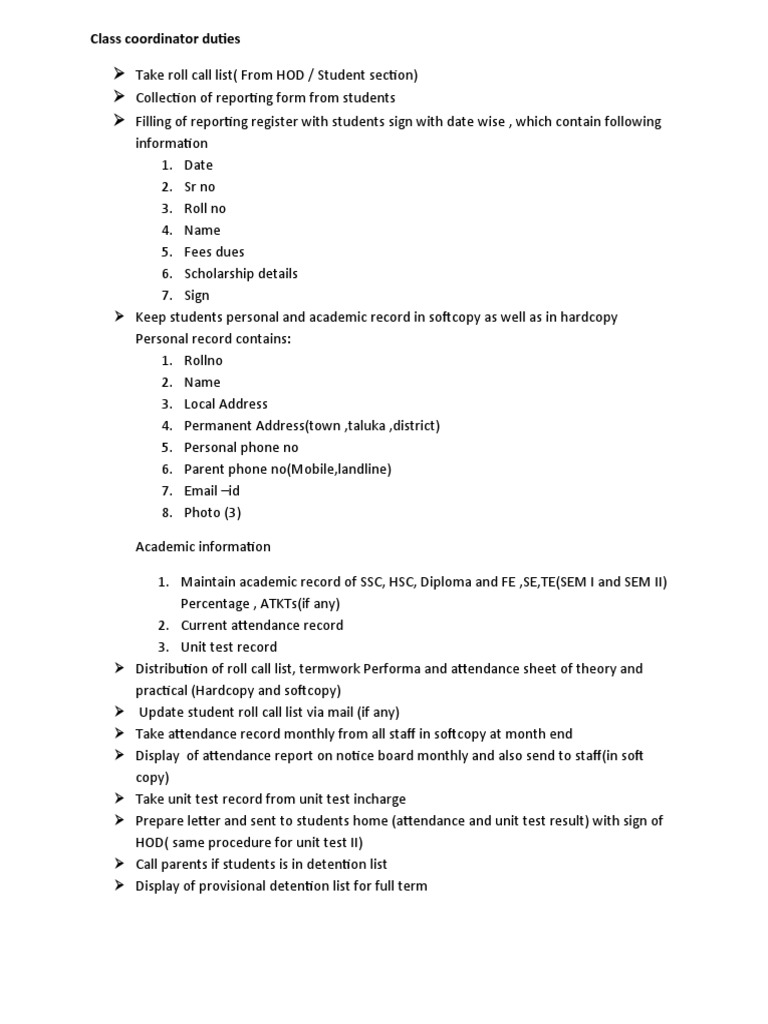 Class Coordinator Duties | Download Free PDF | Test (Assessment)