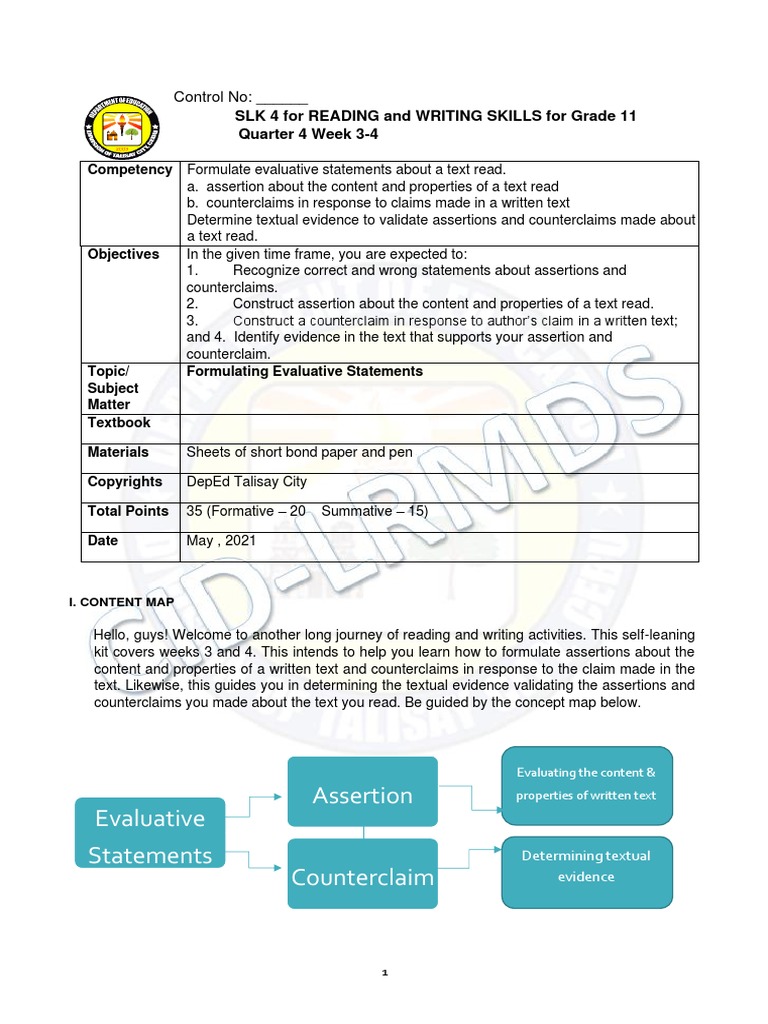Evaluative Statements Assertion Slk 4 For Reading And Writing Skills For Grade 11 Quarter 4