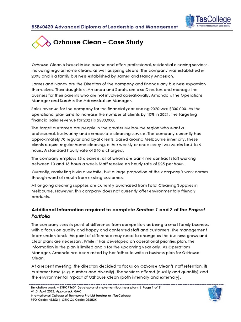Ozhouse Clean - Case Study: BSB60420 Advanced Diploma of Leadership and ...