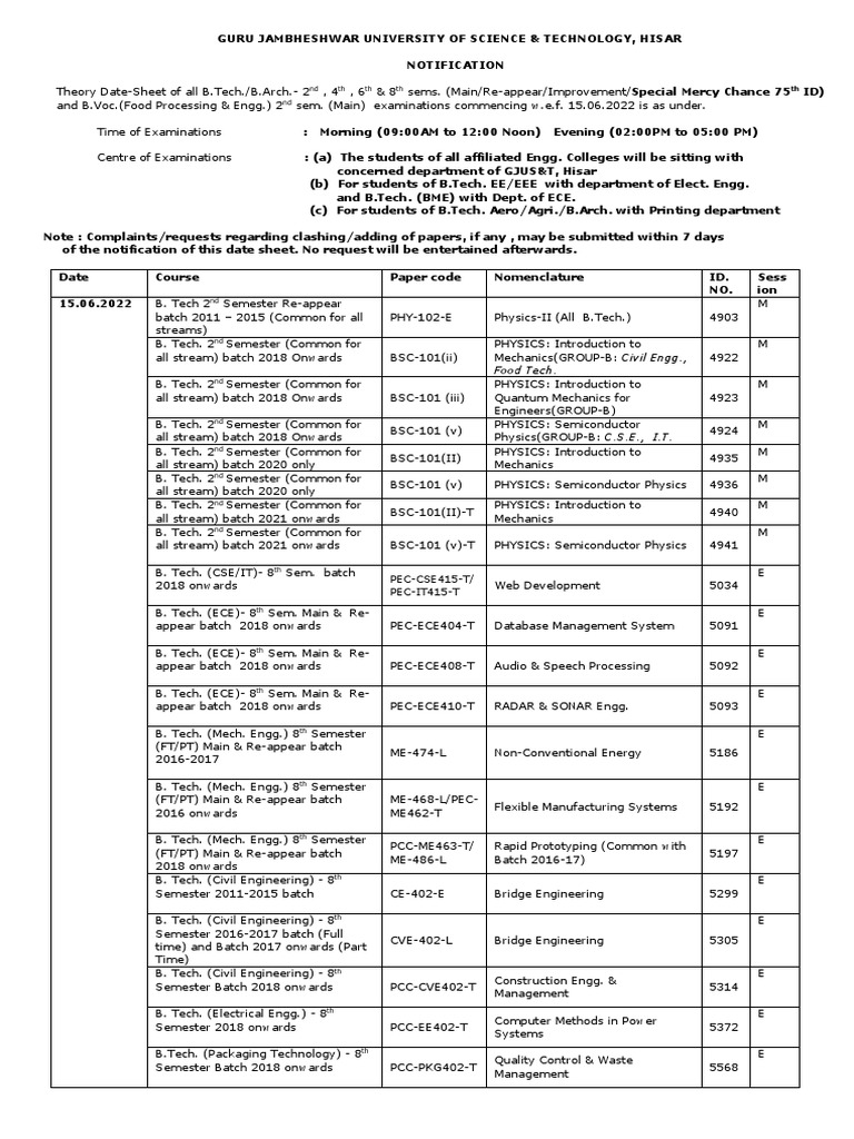 B.tech Date Sheet 2nd, 4th, 6th & 8th Sem. (Incl Super Mercy) - 160522 | PDF | Engineering ...