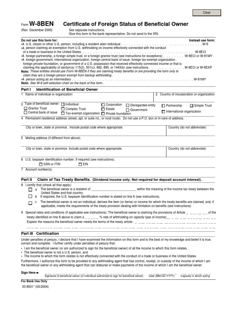 W-8ben Irs Form | PDF | Irs Tax Forms | Withholding Tax