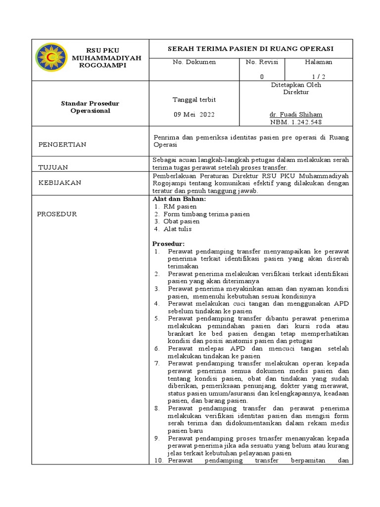 Sop Hand Over Pre Op | PDF