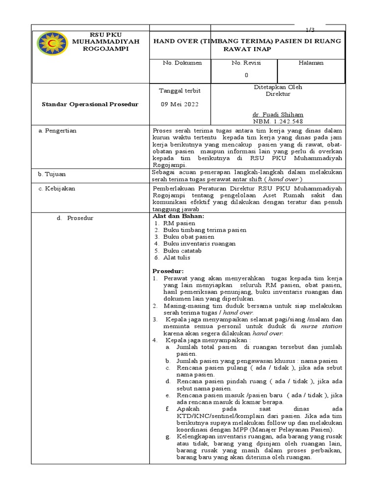 Sop Timbang Terima Ranap | PDF