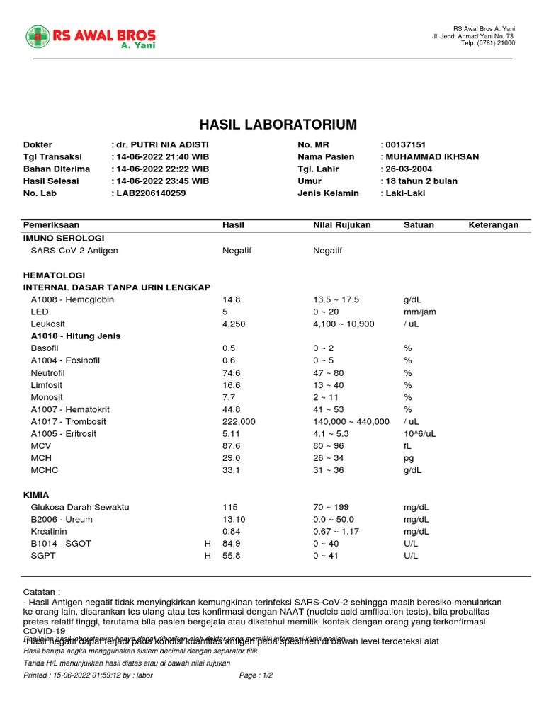 Hasil Laboratorium LAB2206140259 20220615 015912 | PDF