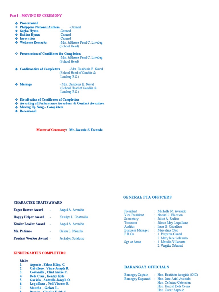 Sample Program - Moving Up Ceremony 2018 - Malabago | PDF
