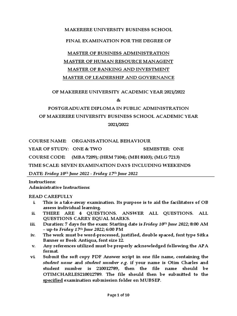 MBA Organisational Behaviour Exam 2022 | PDF | Master Of Business ...