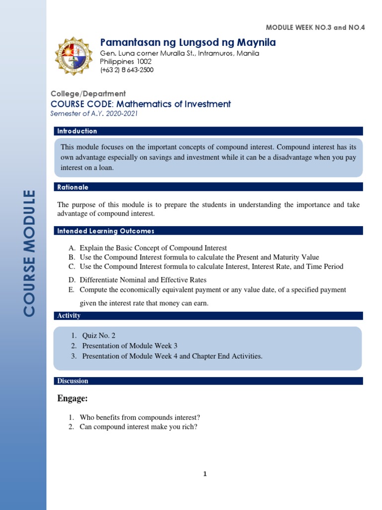 Course Module 3 and 4 Mathematics of Investment | PDF | Interest ...