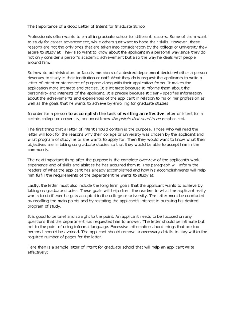 The Importance of A Good Letter of Intent For Graduate School | PDF ...