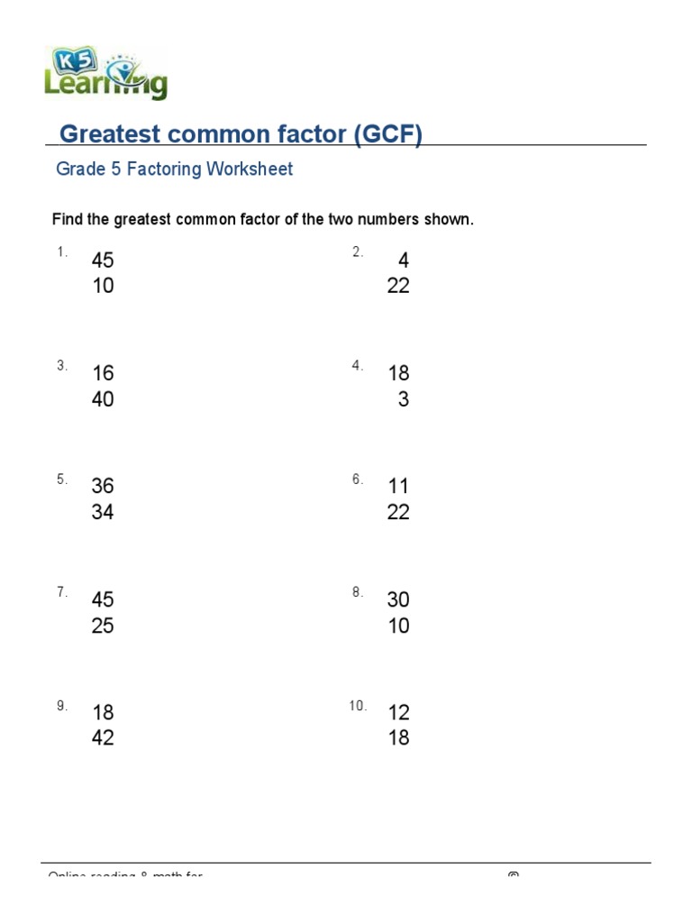 Greatest Common Factor (GCF) : Grade 5 Factoring Worksheet | PDF ...