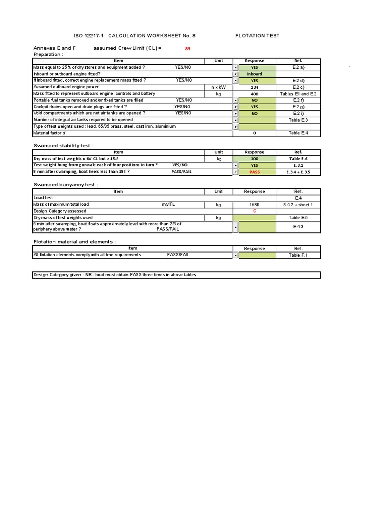 Iso 12217-1 Calculation Worksheet No. 8 Flotation Test Annexes E and F ...