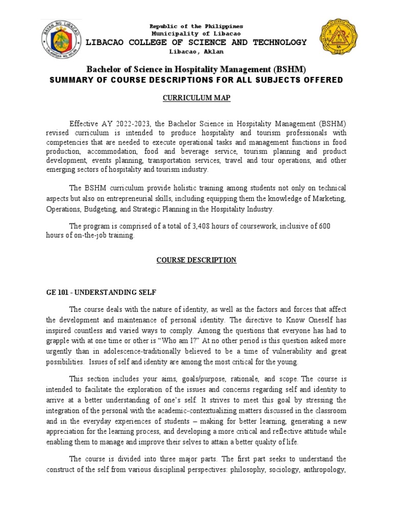 BSHM Course Description | PDF | Science | Curriculum