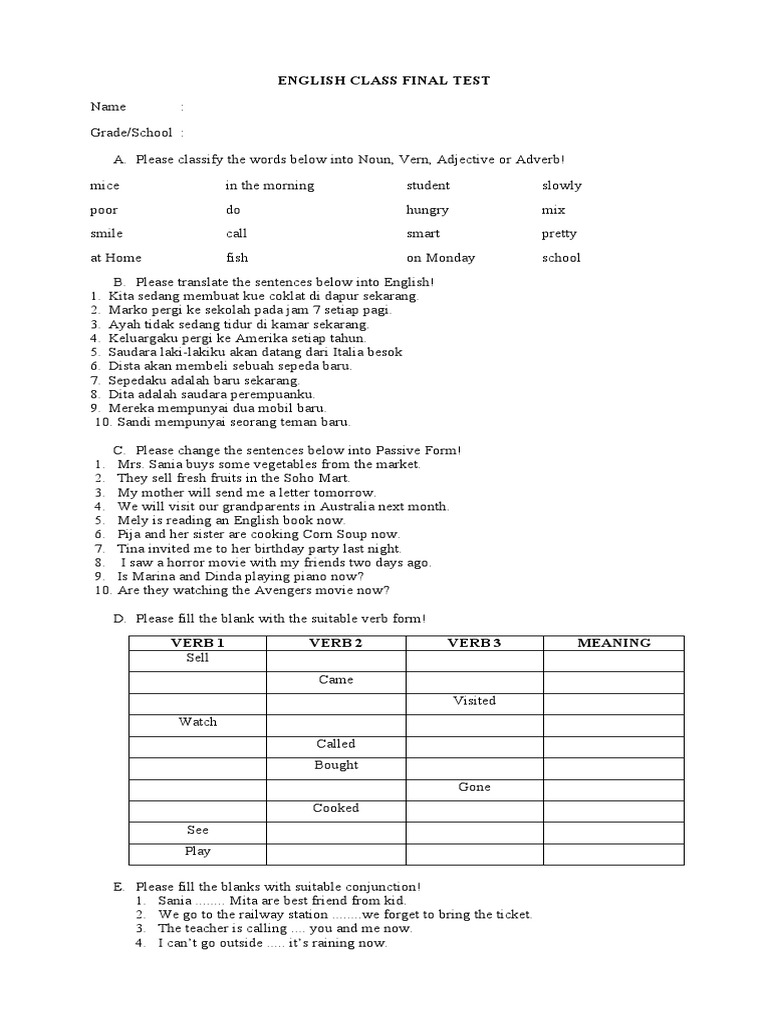 English Class Final Test | PDF | Verb | Linguistics