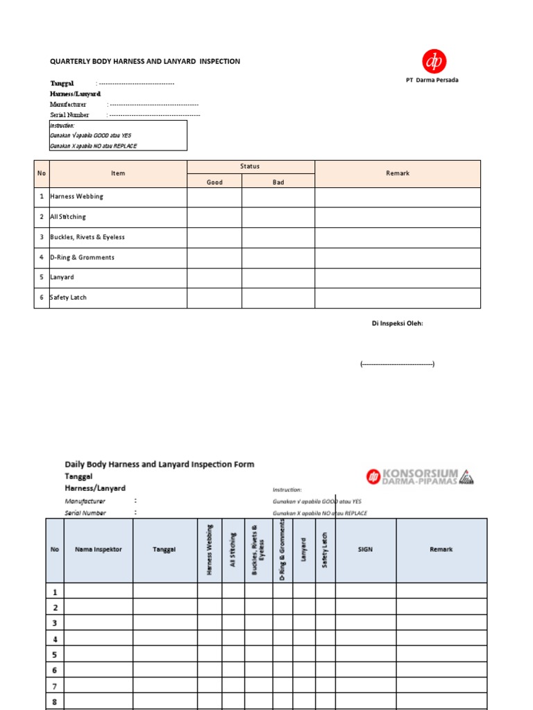 Quarterly Body Harness and Lanyard Inspection | PDF