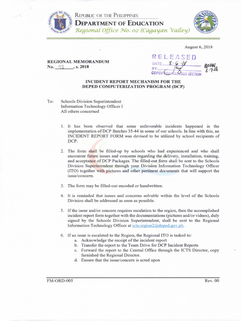 Incident Report Mechanism For The Deped Computerization Program DCP | PDF