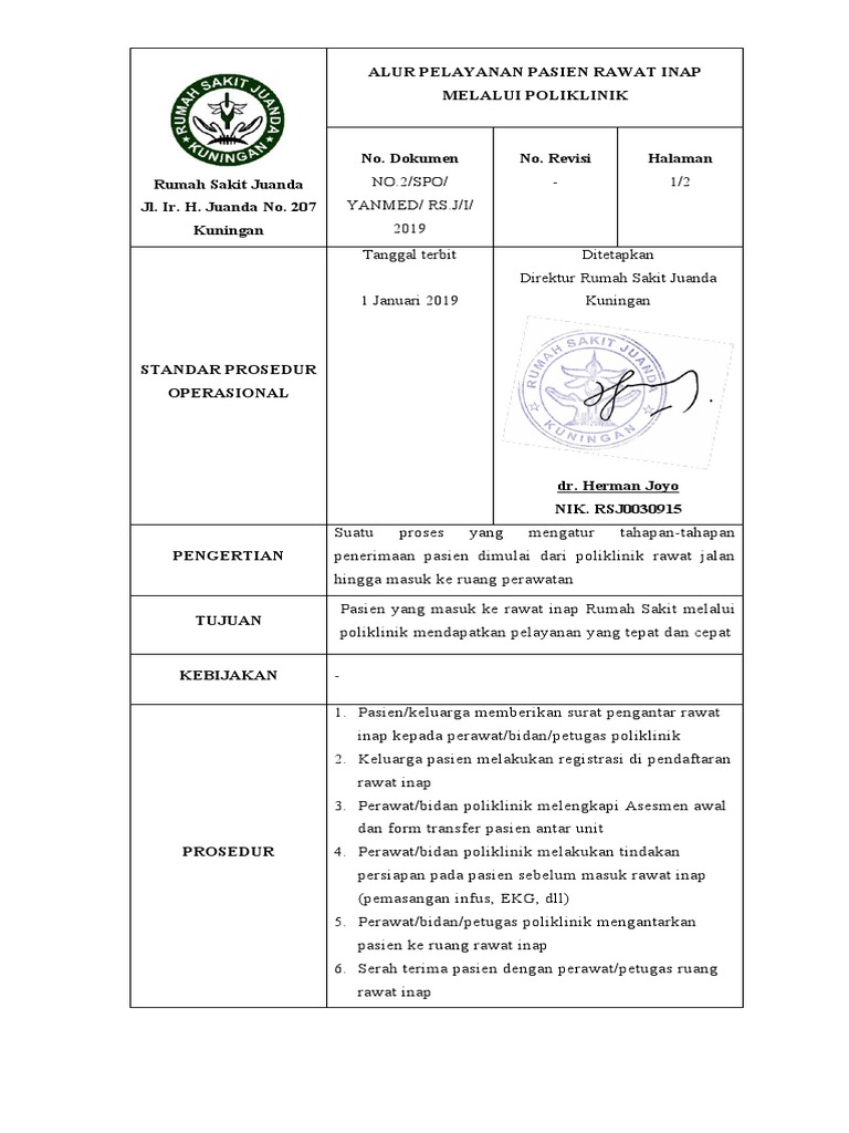 Spo Pelayanan Pasien Ranap Melalui Poliklinik | PDF
