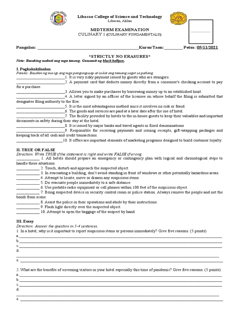 Culinary 1: Libacao College of Science and Technology Midterm ...