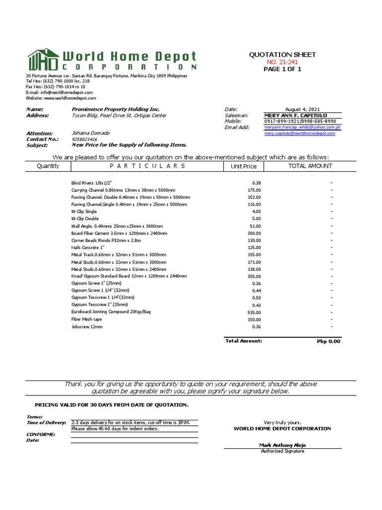 Unit Price Quantity P A R T I C U L A R S Total Amount: Quotation Sheet ...