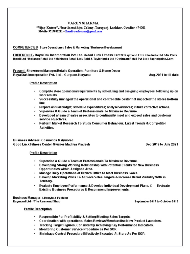 Varun CV PDF | Download Free PDF | Retail | Sales