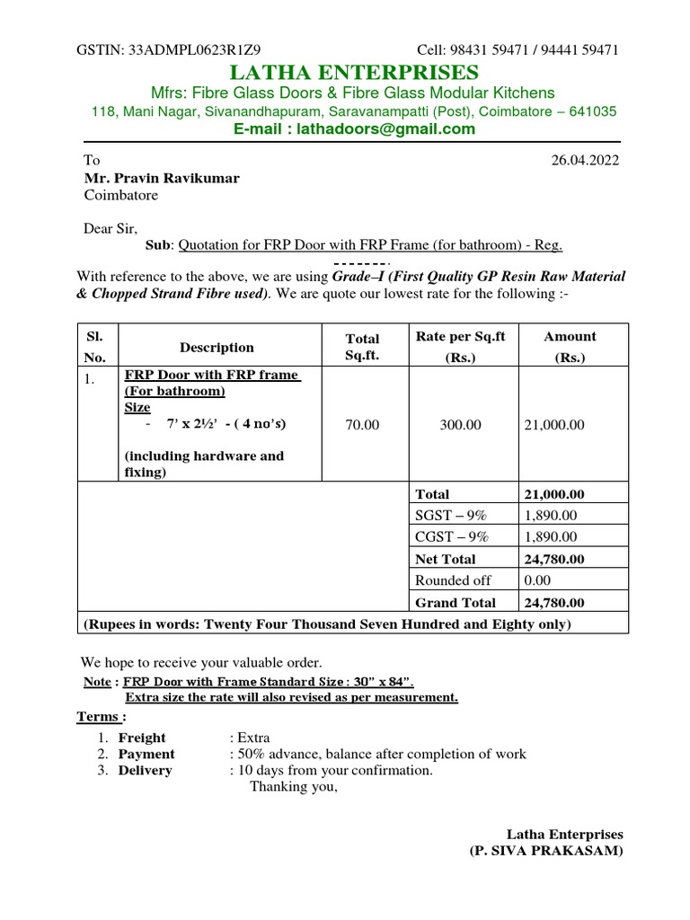 Quotation For Door - PRAVIN KUMAR | PDF