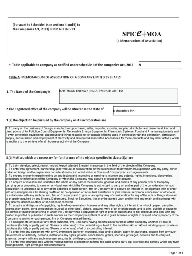 Spic MOA: Table Applicable To Company As Notified Under Schedule I of ...