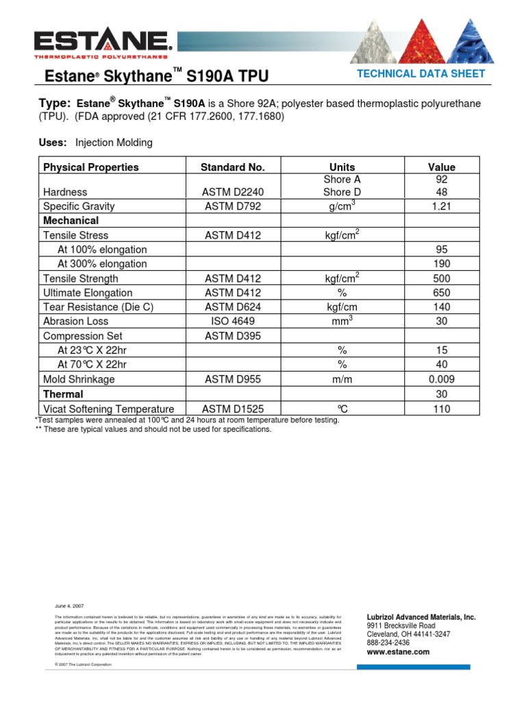 Estane Skythane S190A TPU: Type | PDF | Mechanical Engineering | Materials