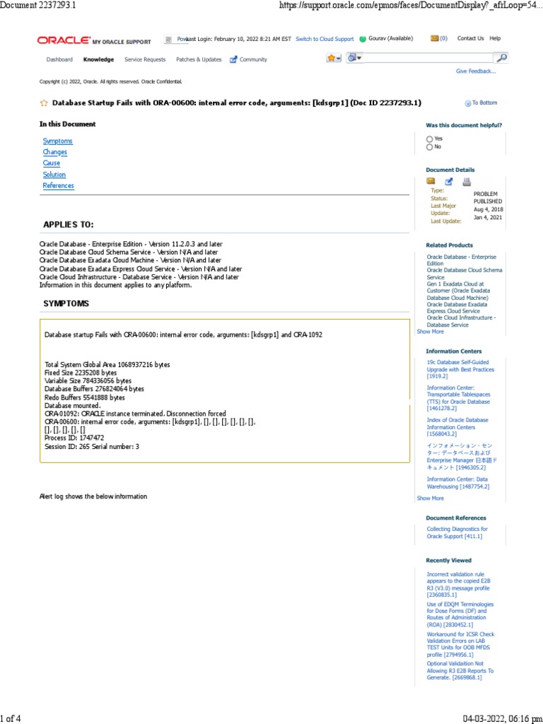 ORA-600 | PDF | Cloud Computing | Oracle Corporation