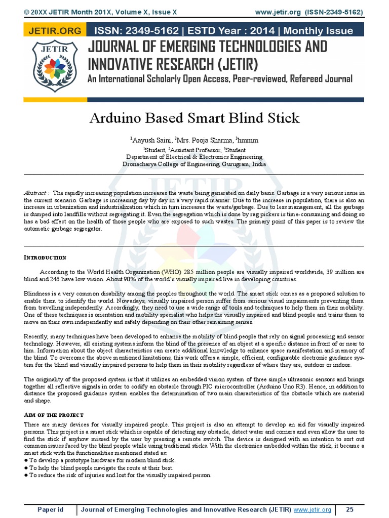 Arduino Based Smart Blind Stick: Aayush Saini, Mrs. Pooja Sharma, HMMM | PDF | Visual Impairment ...