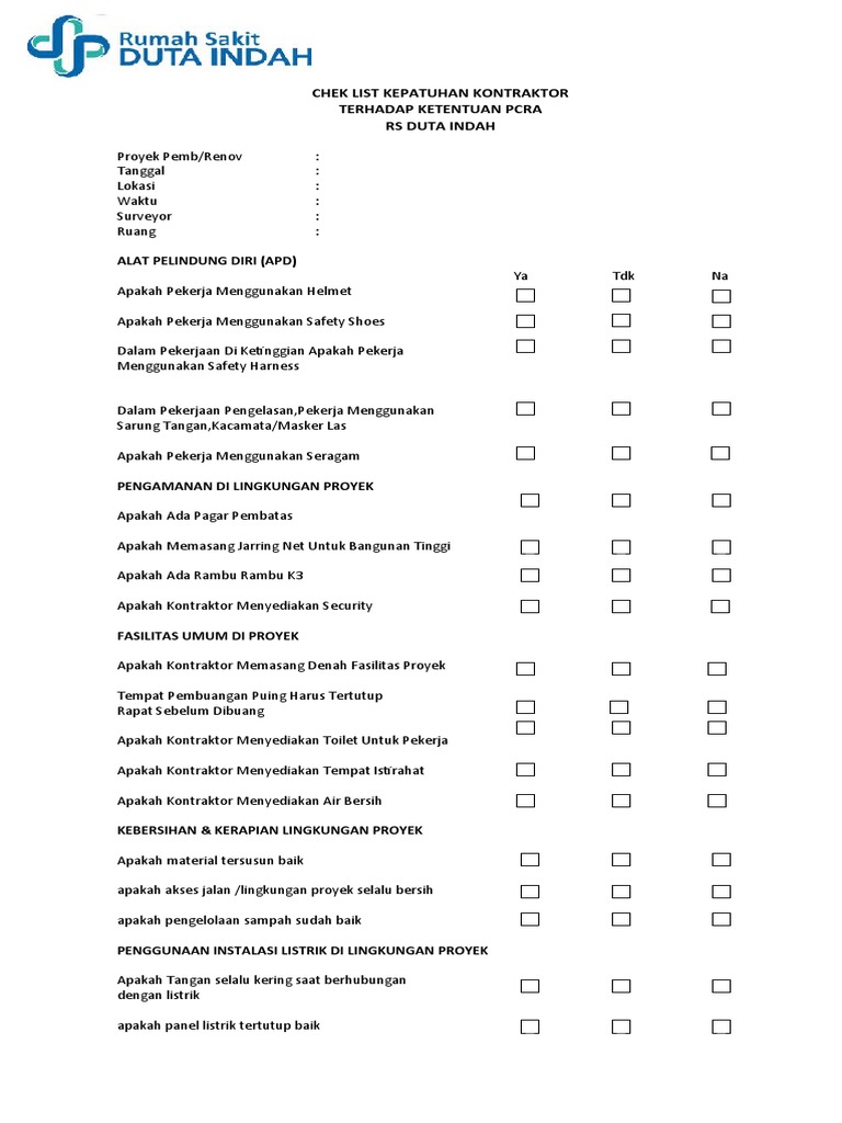 Checklist Kepatuhan K3 Kontraktor RS Duta Indah | PDF | Teknologi & Rekayasa