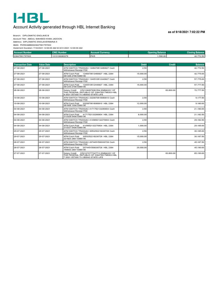 Account Activity Generated Through HBL Internet Banking | PDF ...