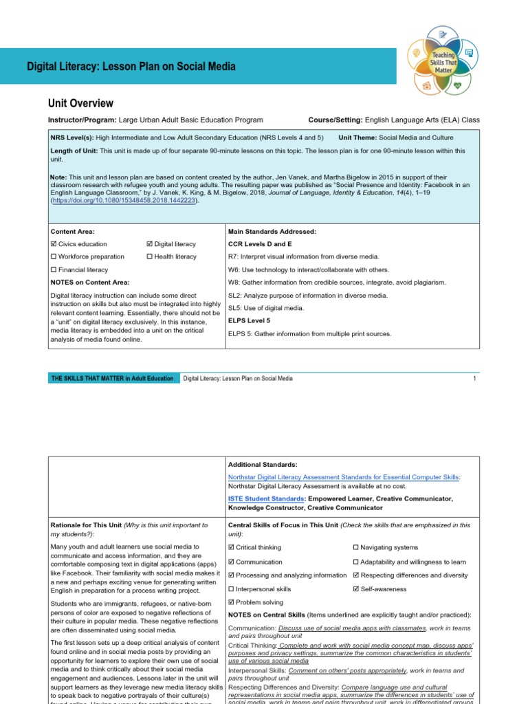 Digital Literacy: Lesson Plan On Social Media Unit Overview | PDF ...