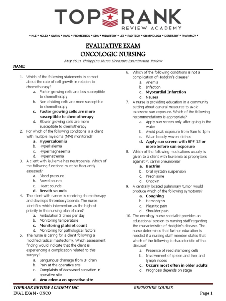Evaluative Exam for Oncology Nursing | PDF | Cancer | Chemotherapy