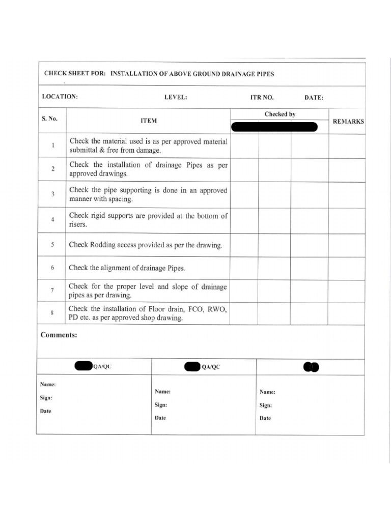 Check List For Above Ground Drainage Pipes | PDF