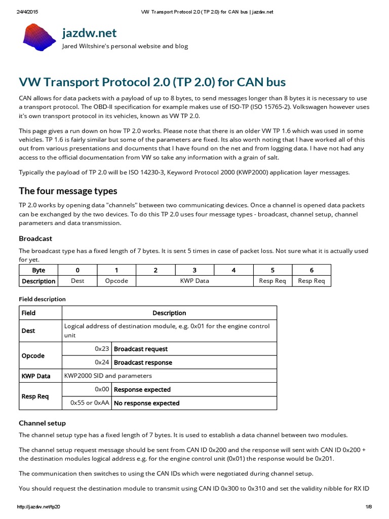 VW Transport Protocol 2.0 (TP 2.0) For CAN Bus | PDF | Transmission ...
