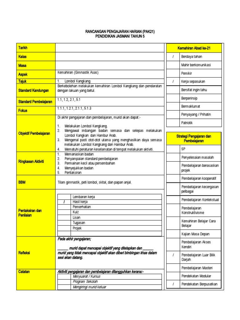 RPH PJ Tahun 5: Kemahiran Lombol Kangkang | PDF