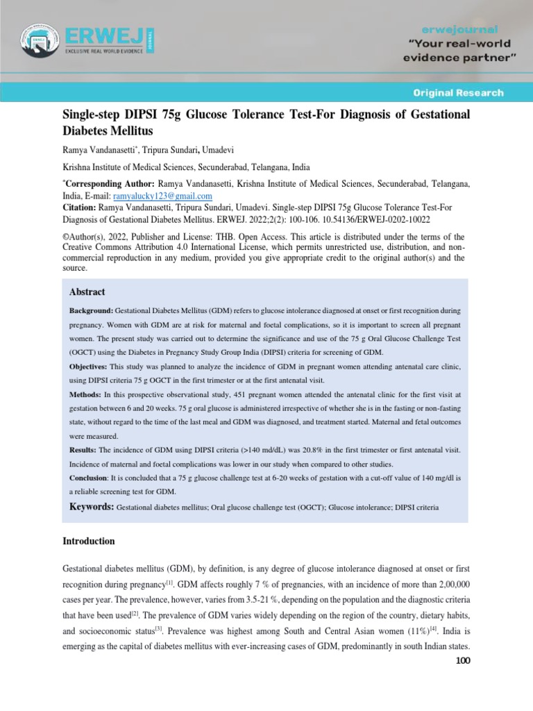 Single-Step DIPSI 75g Glucose Tolerance Test-For Diagnosis of ...