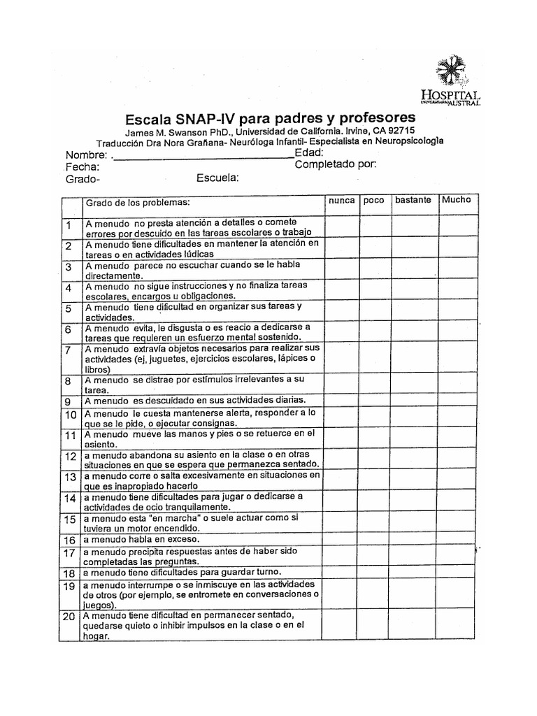 Escala SNAP-IV para Padres y Profesores | PDF