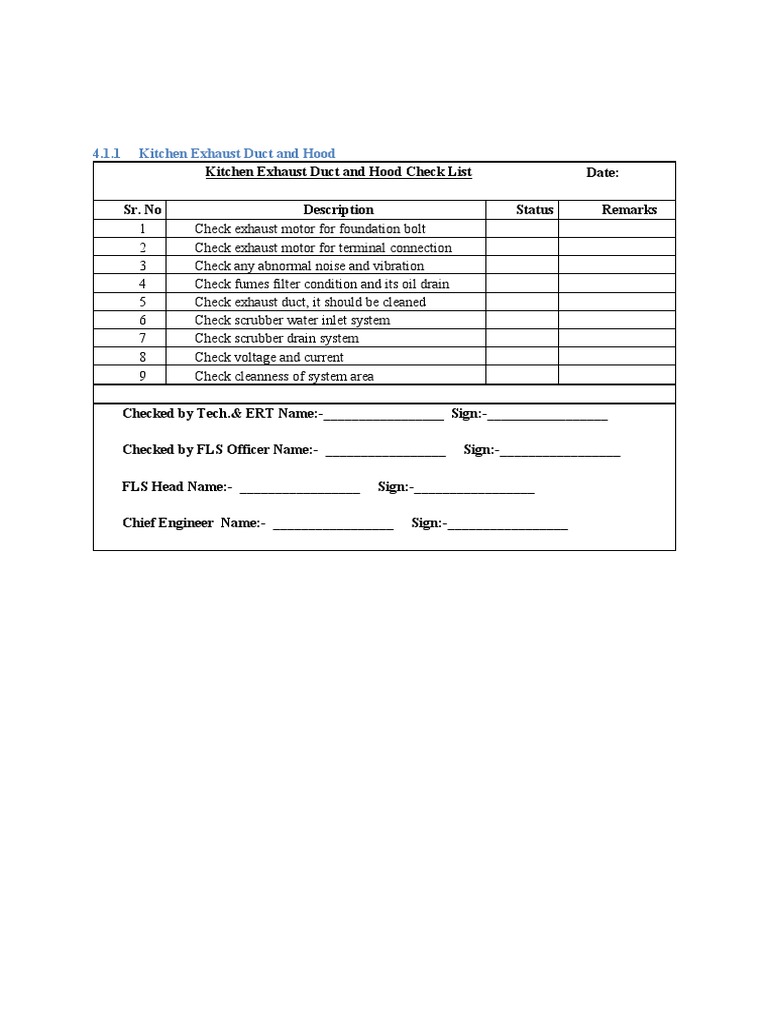 Kitchen Exhaust Duct Cleaning Checklist | PDF