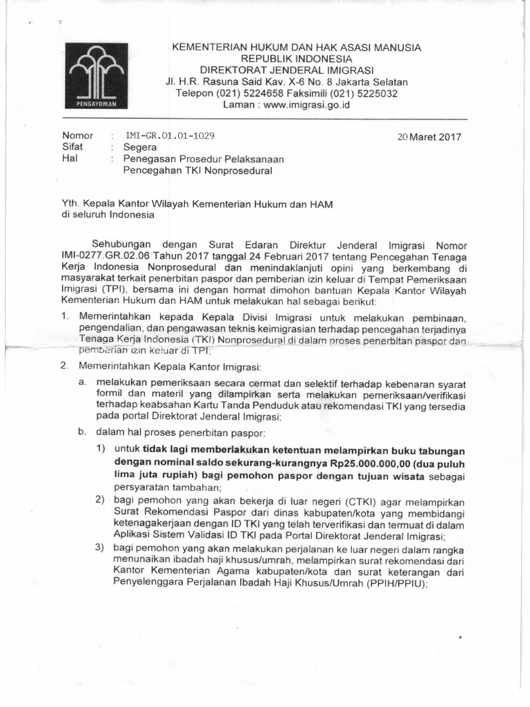 SE Dirjen Imigrasi - Penegasan Prosedur Pelaksanaan Pencegahan TKI Nonprosedural - IMI-GR.01.01 ...