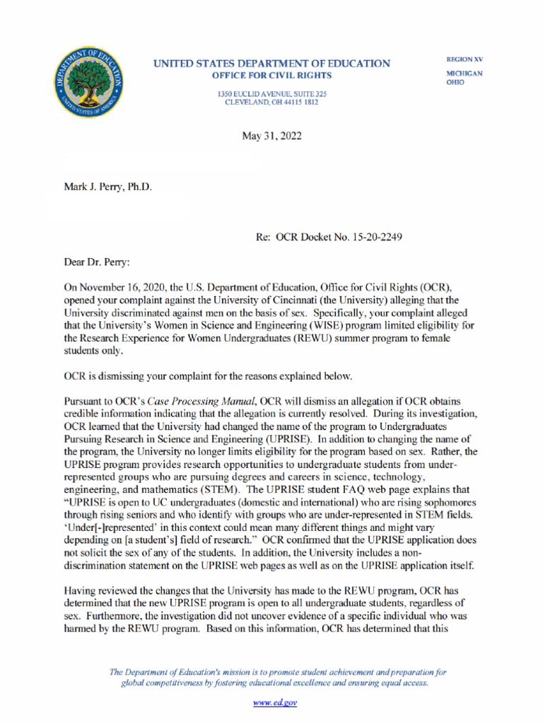 University of Cincinnati Title IX Dismissal Letter From Department of ...