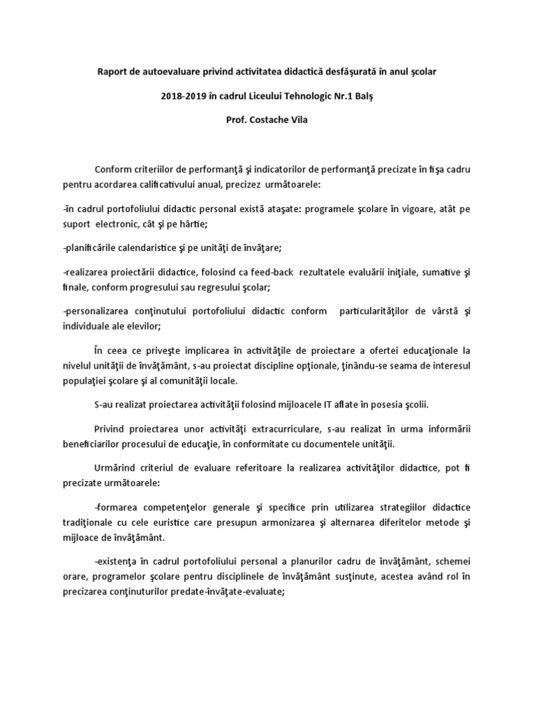 Raport de Autoevaluare | PDF