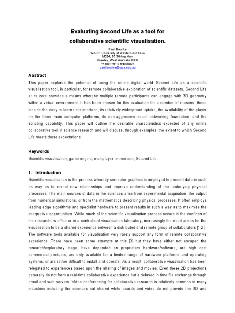 Paper - Evaluating Second Life As A Tool For Collaborative Scientific Visualization | PDF ...