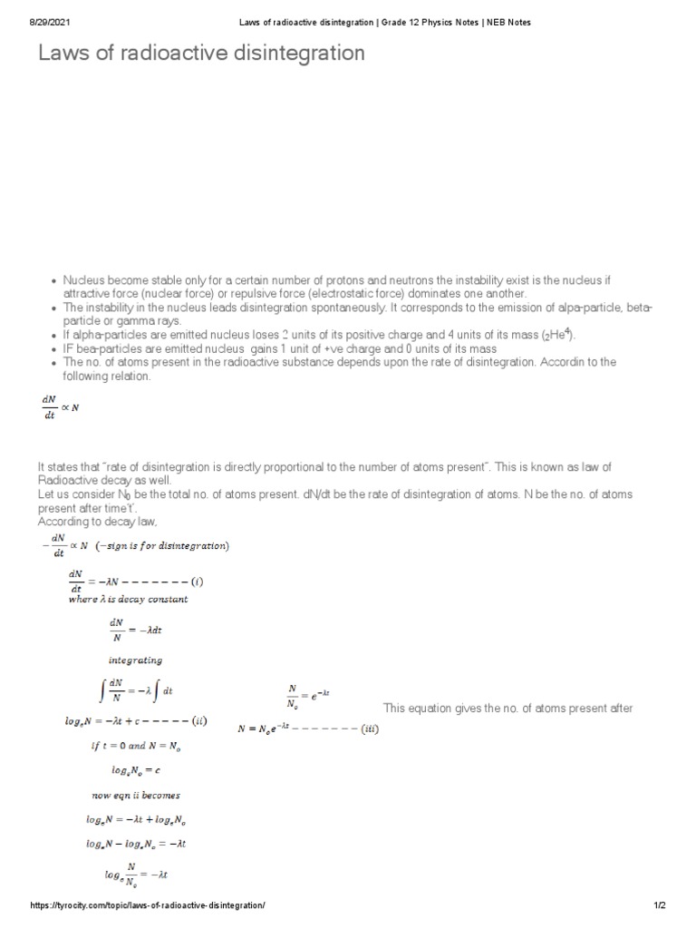 Laws of Radioactive Disintegration - Grade 12 Physics Notes - NEB Notes ...